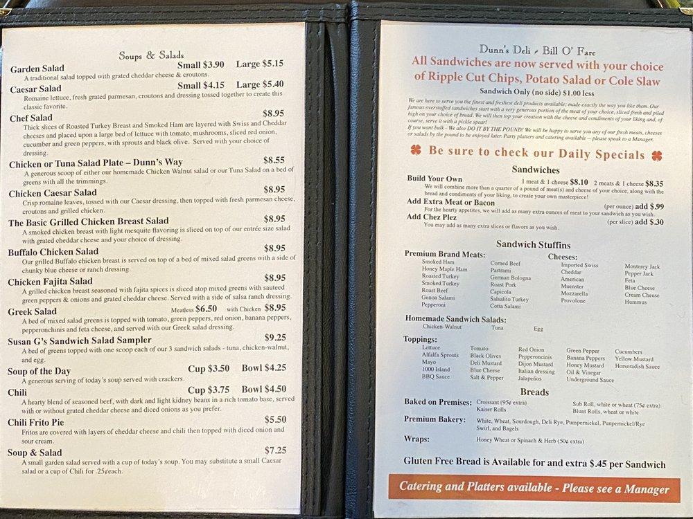 Menu at Dunn's Deli restaurant, Banner Elk