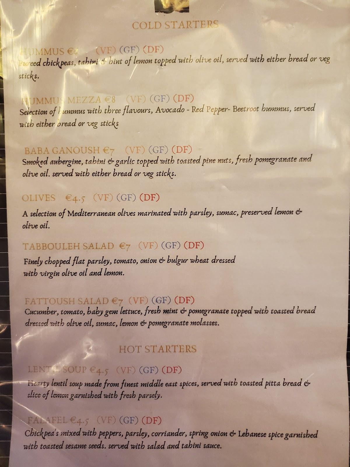 Menu at Fayrouz Lebanese Restaurant, Dublin