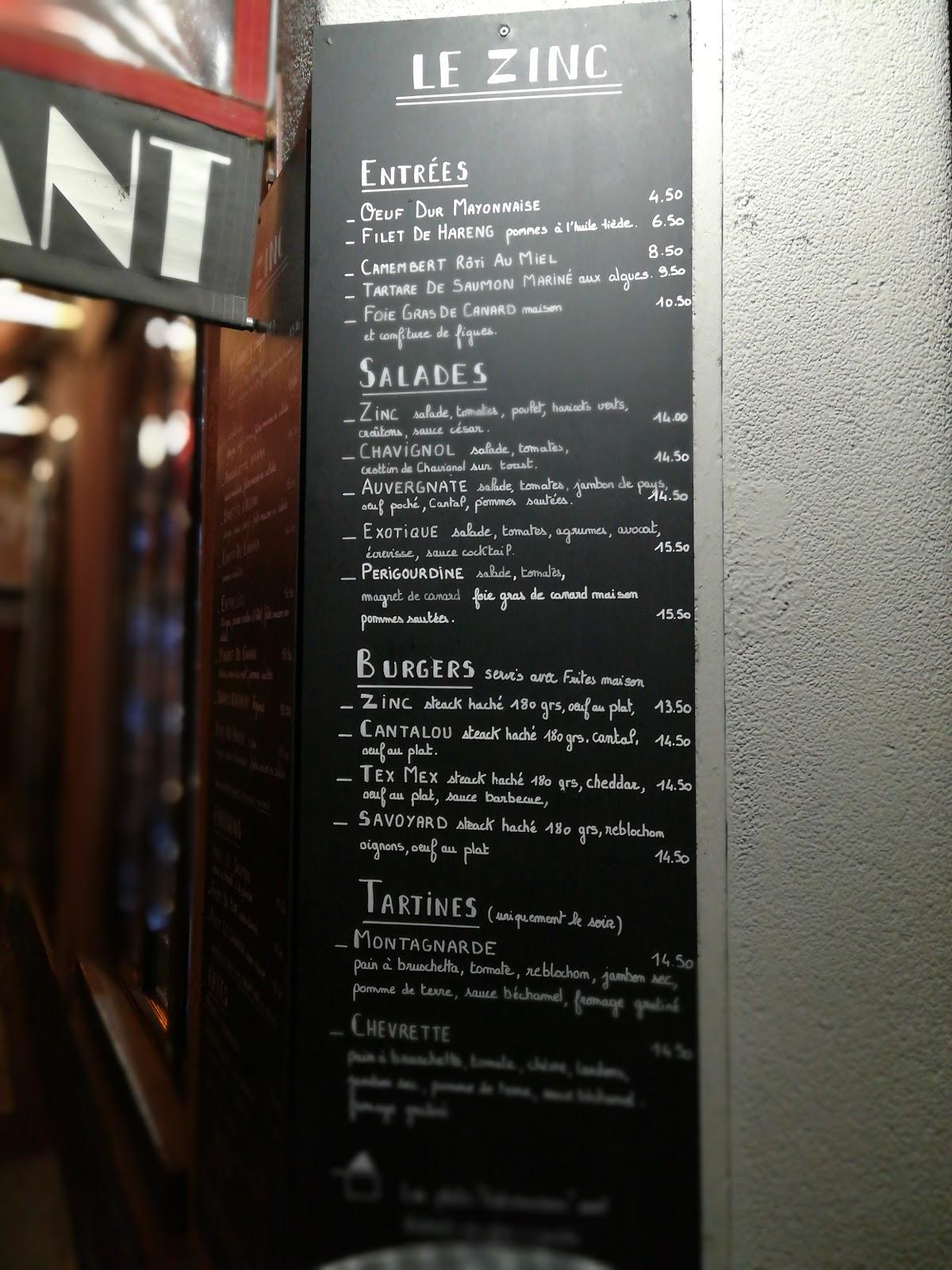 Menu au Le Zinc pub et bar, Issy-les-Moulineaux, 26bis Rue Hoche