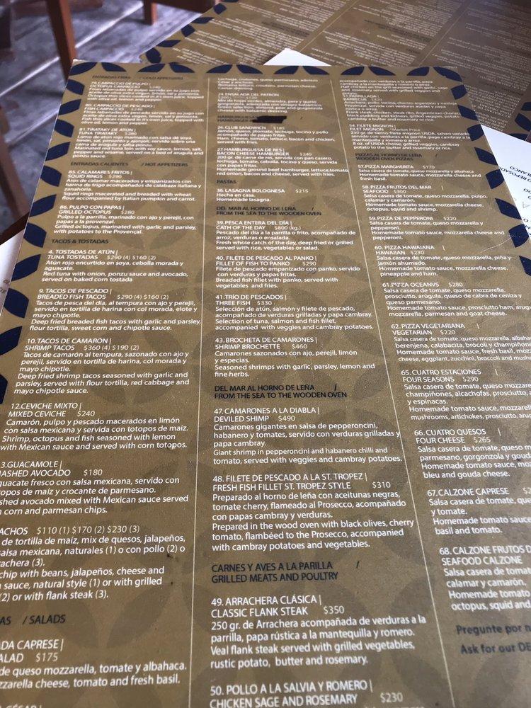Menu at Oceanvs restaurant, Isla Mujeres