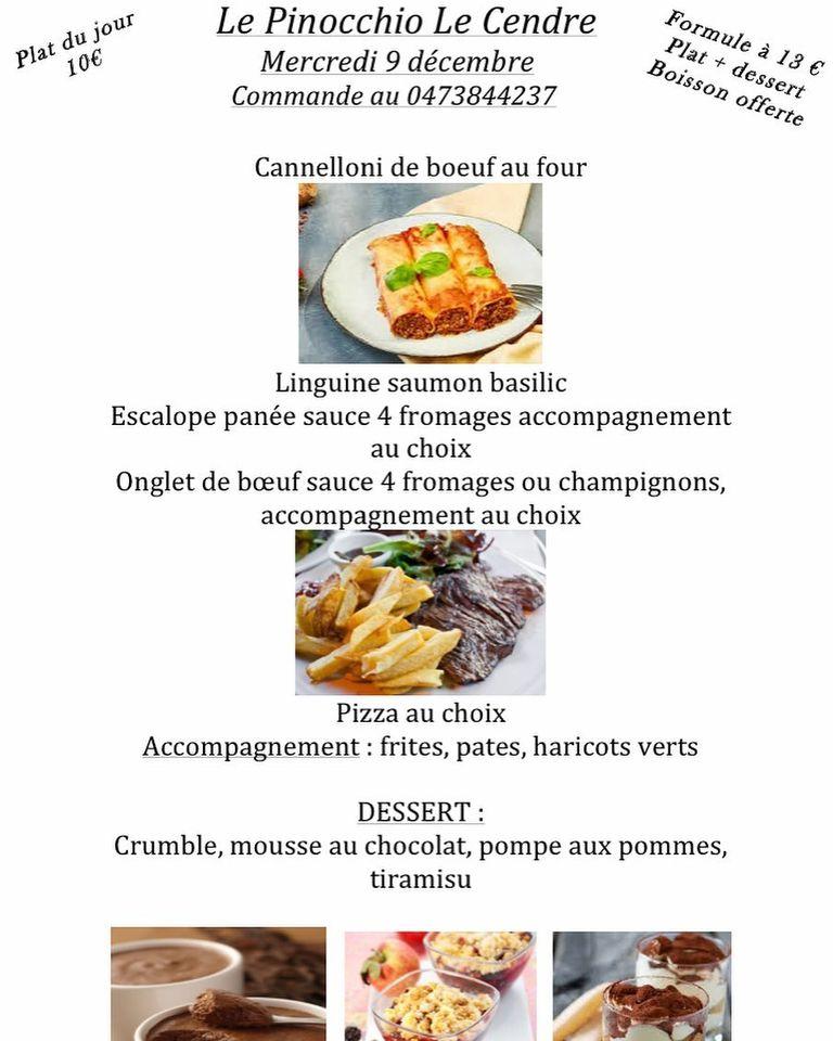 Menu au Pinocchio pizzeria, Le Cendre, Rue Jean Mermoz