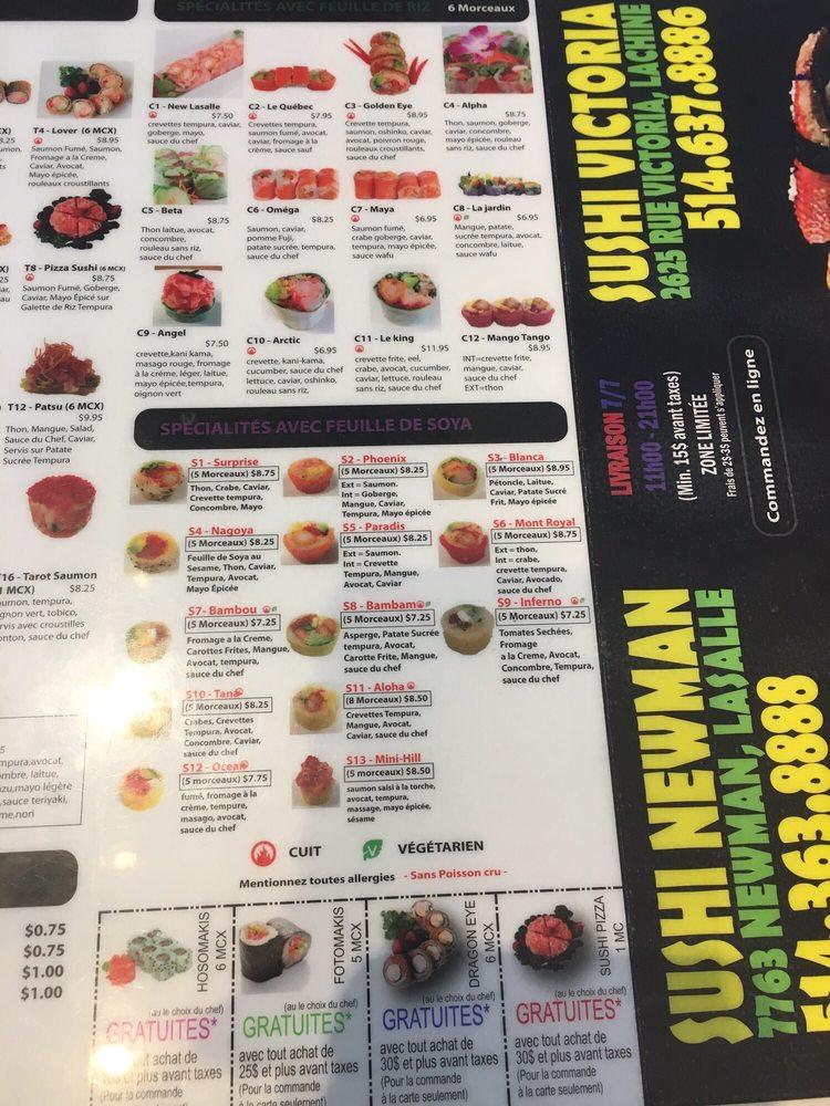 Menu at Sushi Victoria restaurant, Montreal