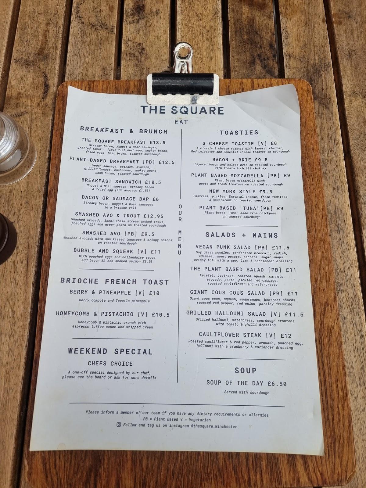 Menu at The Square Winchester cafe, Winchester