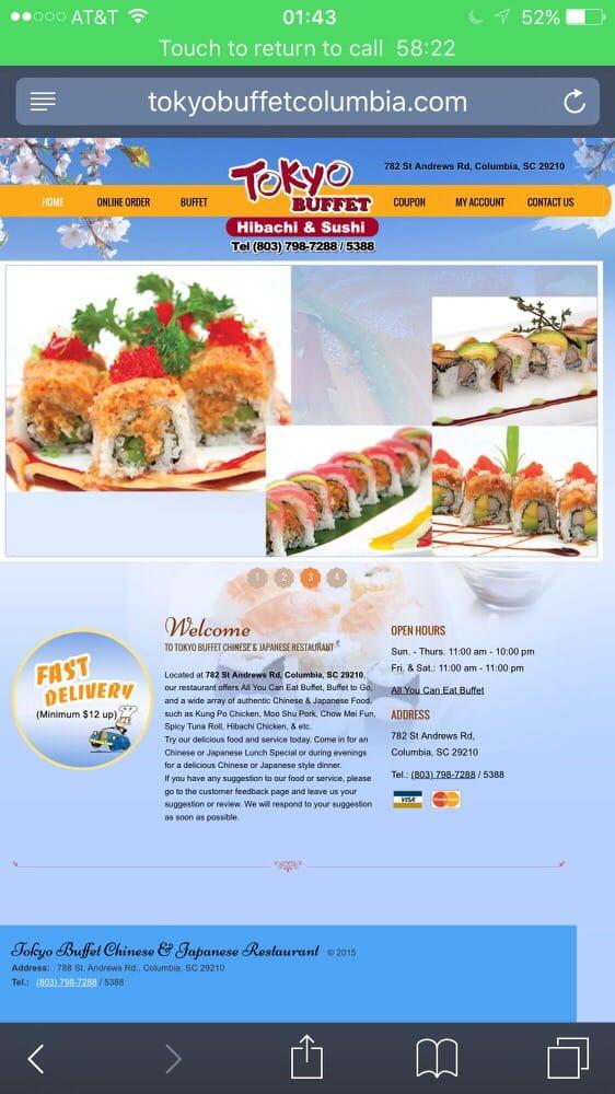 Menu at Tokyo buffet restaurant, Columbia, 782 St Andrews Rd
