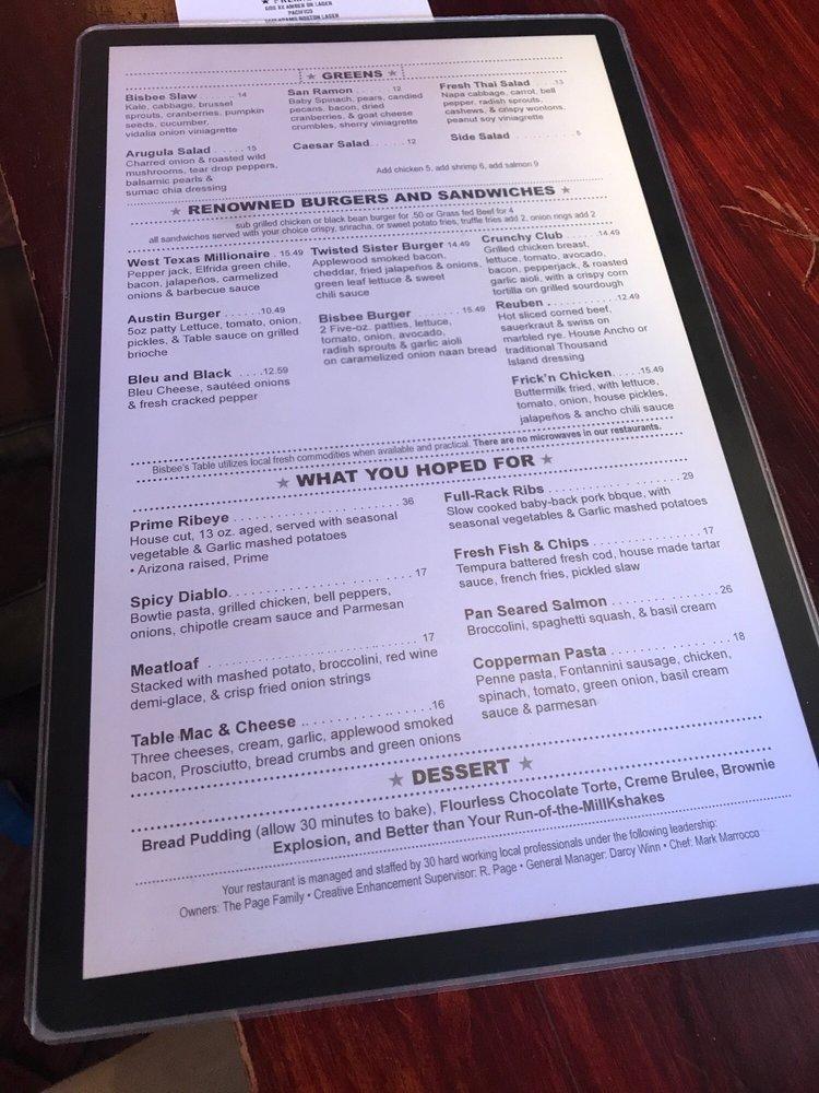 Menu at Bisbee's Table pub & bar, Bisbee, Copper Queen Plaza