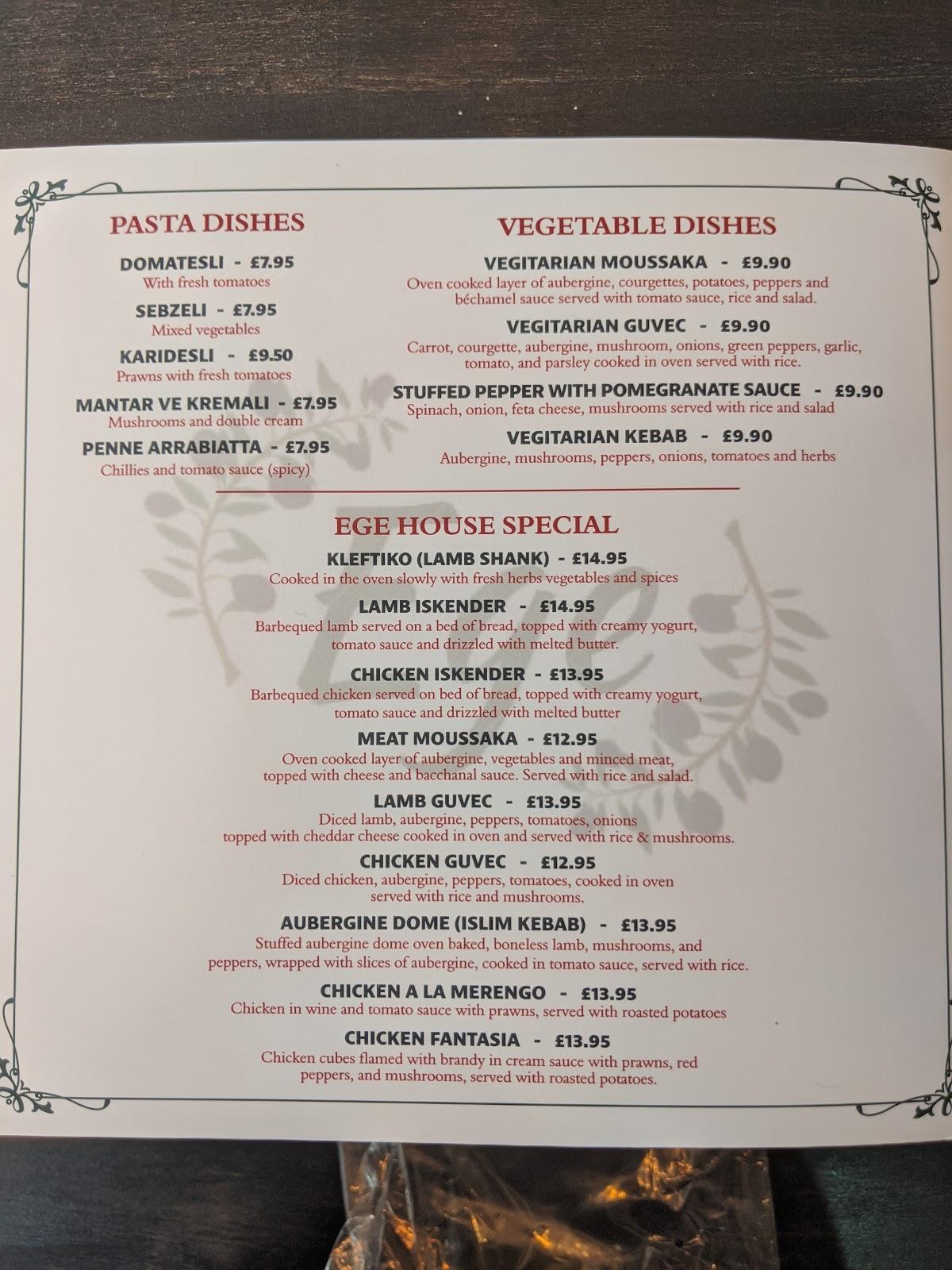 Menu at Ege Restaurant, Purley