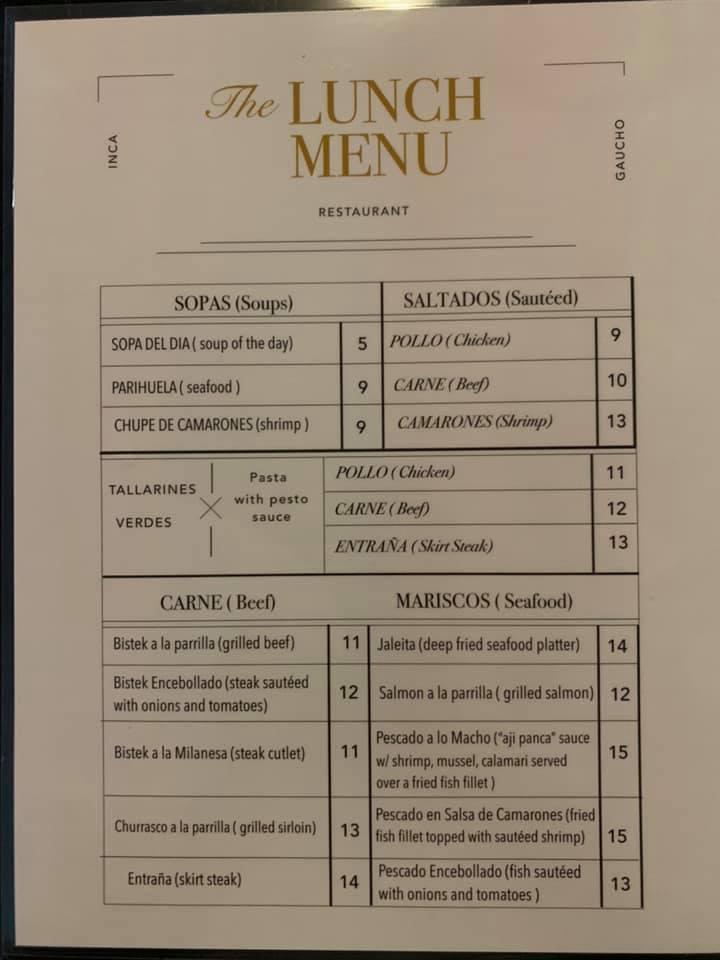 Menu at Inca & Gaucho Restaurant, White Plains