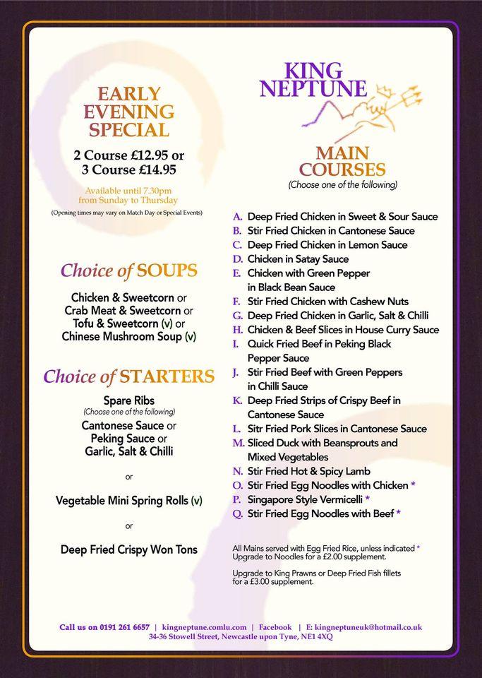 Menu at King Neptune restaurant, Newcastle upon Tyne, Parkside