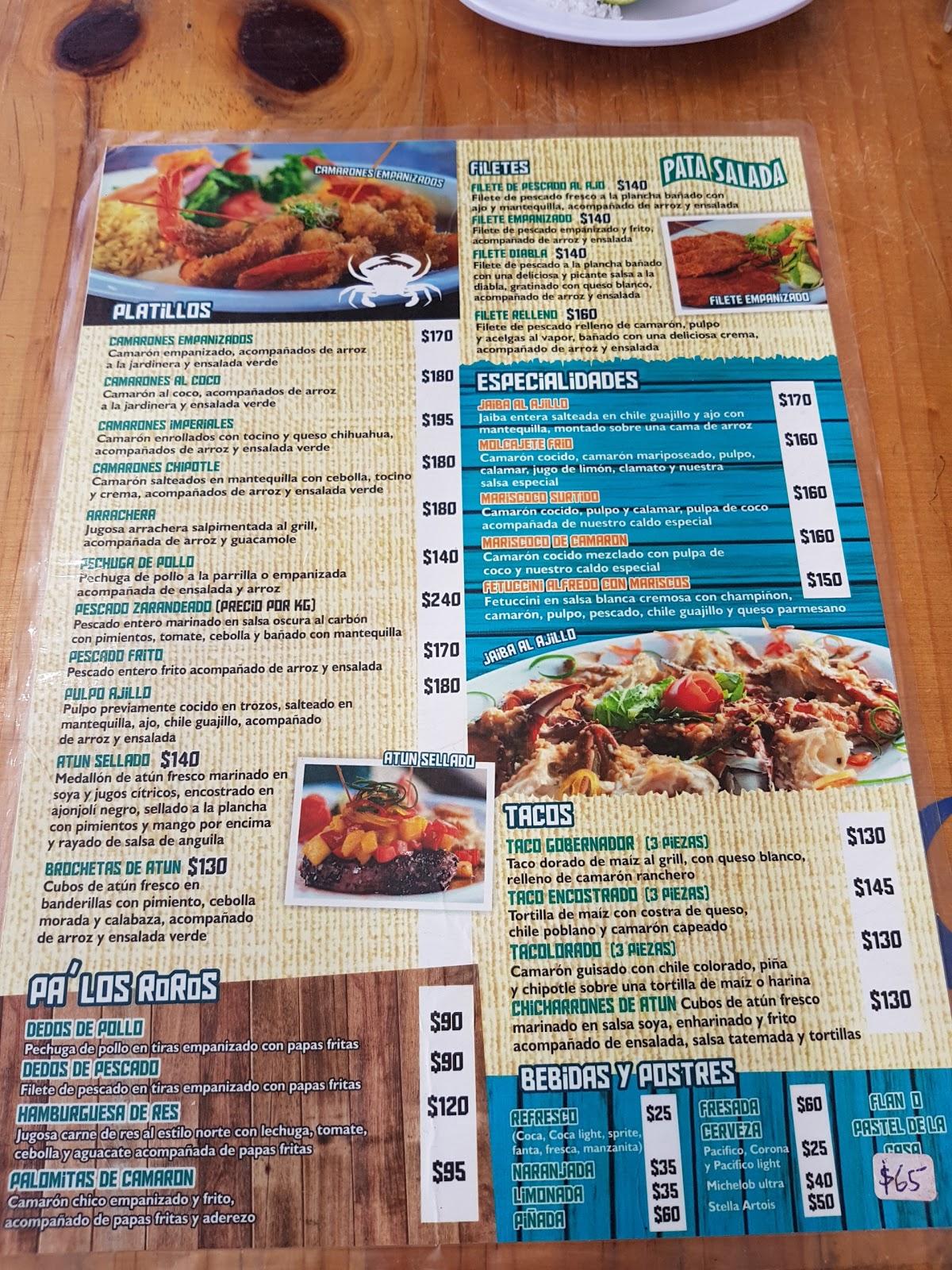 Menu at La Jaiba Pata Salada restaurant, Mazatlán
