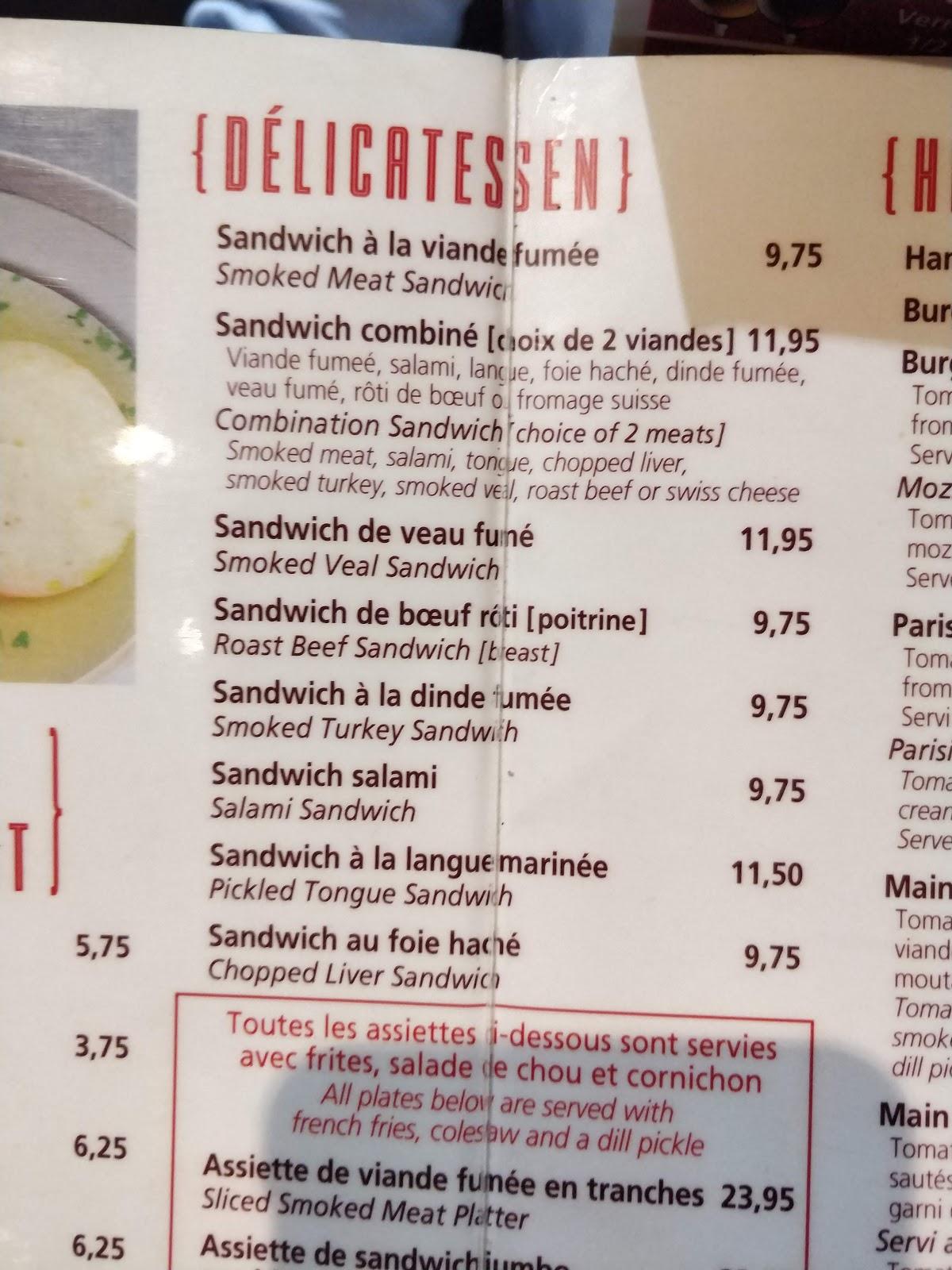 Menu at MAIN DELI steakhouse, Montréal