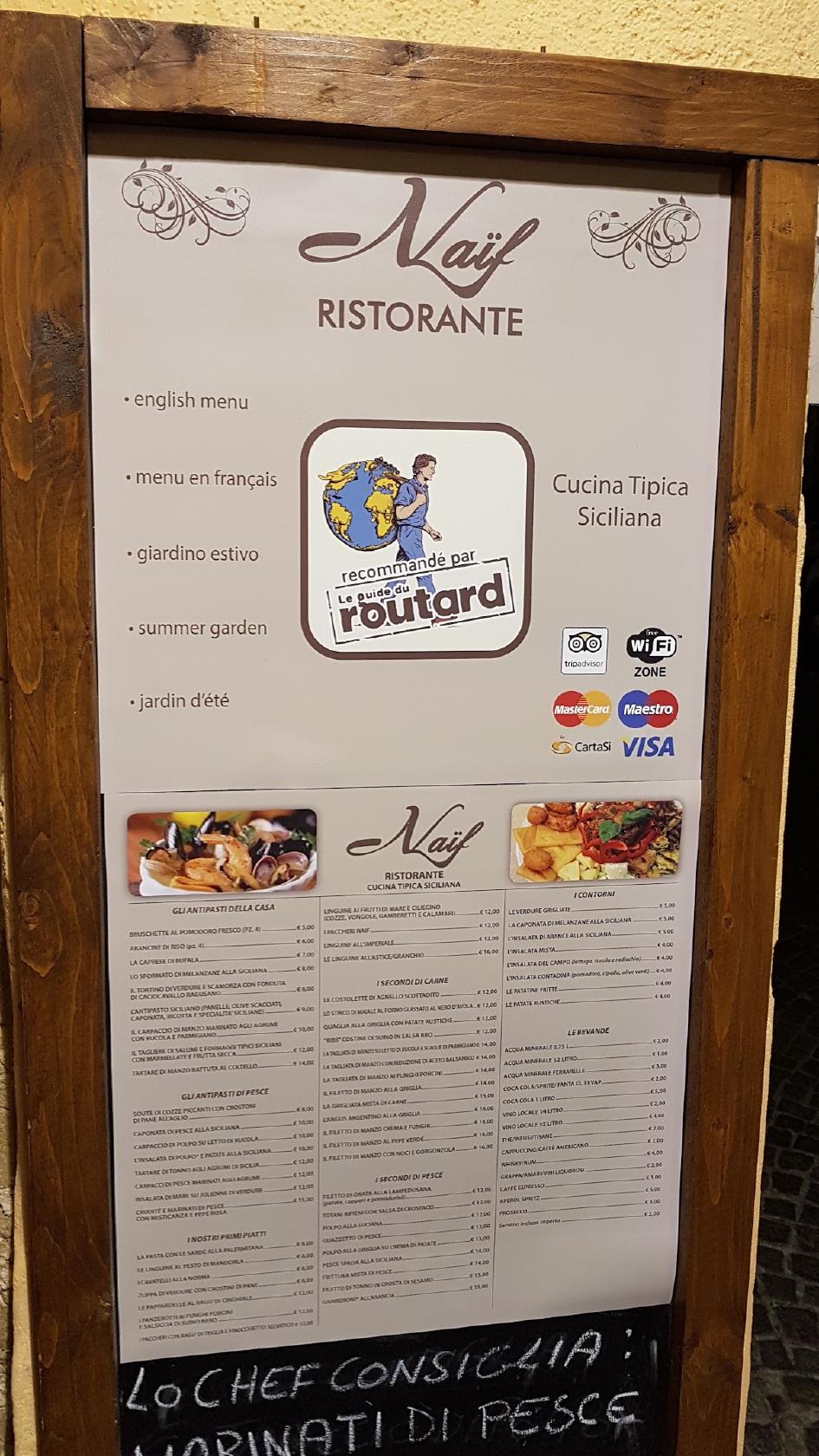 Menu at Naif steakhouse, Agrigento