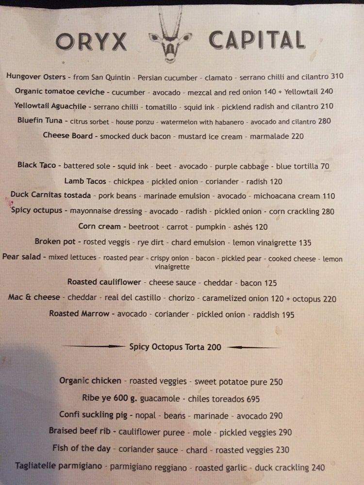 Menu at Oryx Restaurante, Tijuana