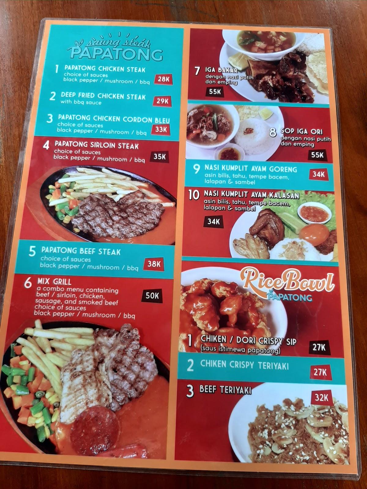 Menu at Saung Papatong restaurant, Lembang