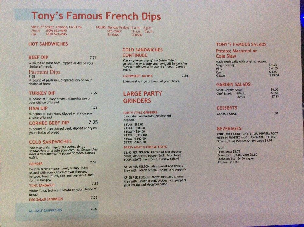 Menu at Tonys French Dips restaurant, Pomona