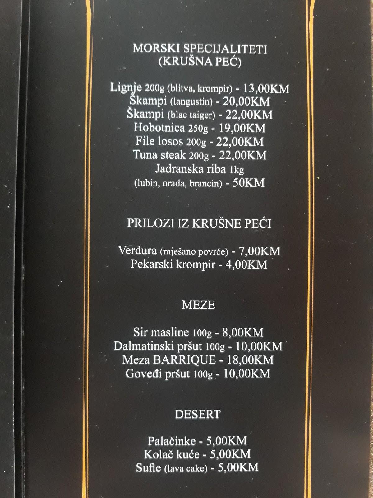 Menu at Barrique Konoba-restoran, Sarajevo
