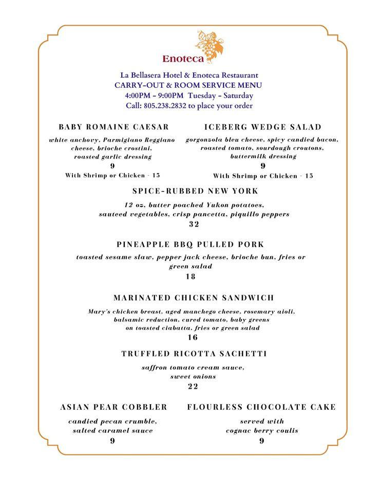Menu at Enoteca Restaurant & Lounge, Paso Robles