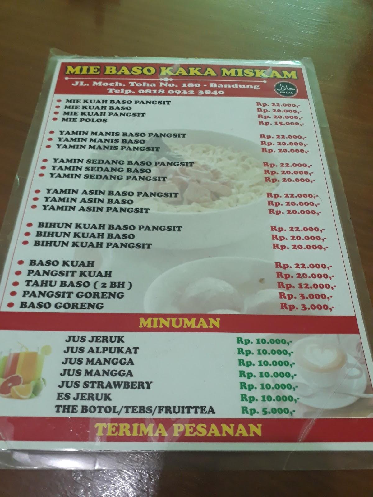 Menu at Miskam restaurant, Bandung