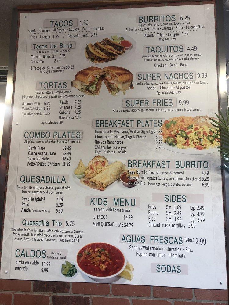 Menu at Navarro’s Taqueria restaurant, Santa Ana