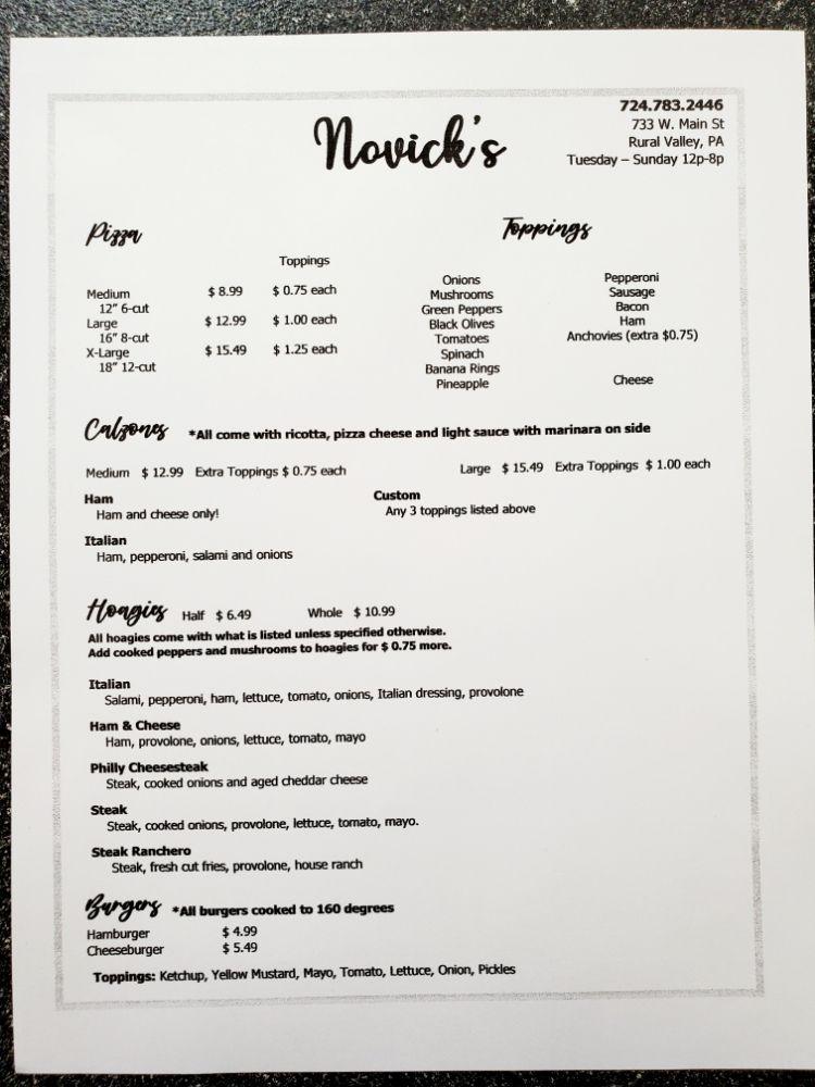 Menu at Novick's pizzeria, Rural Valley