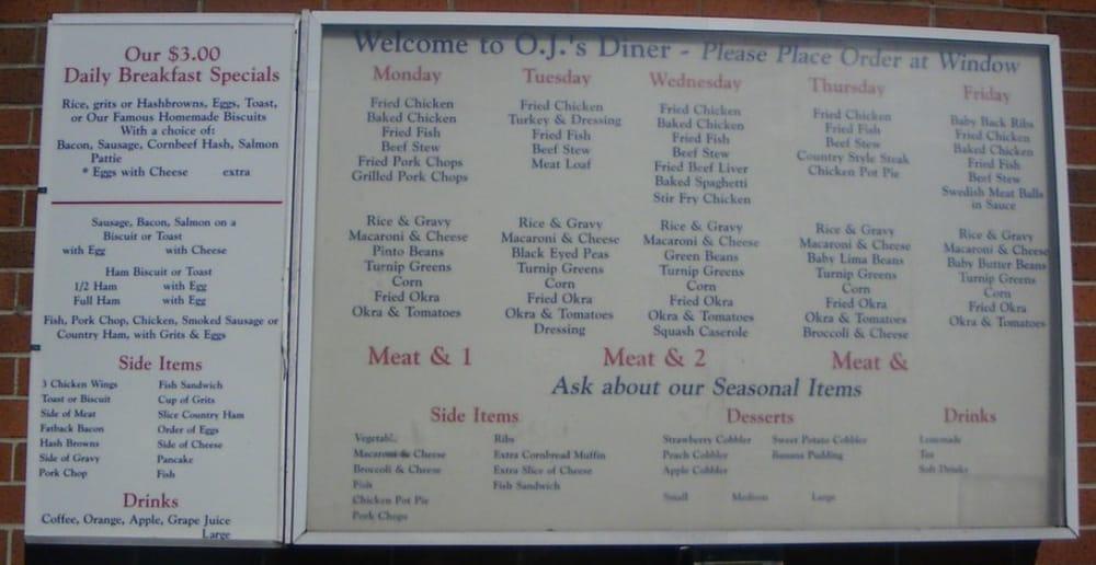 Menu at Oj's Diner restaurant, Easley