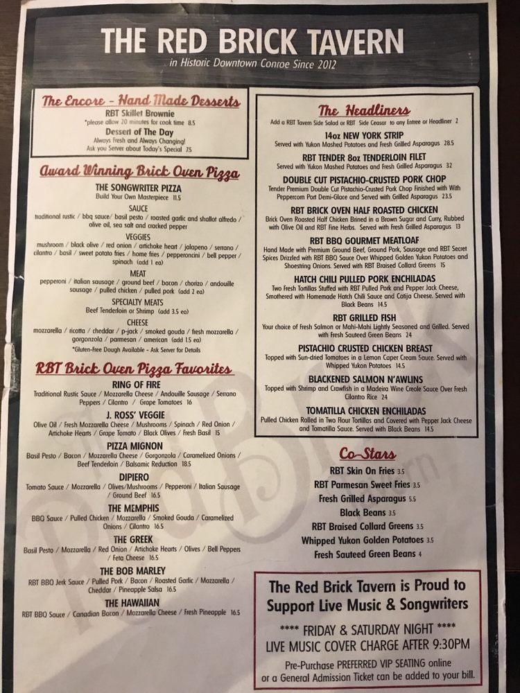Menu at Red Brick Tavern restaurant, Conroe, 119 Simonton St