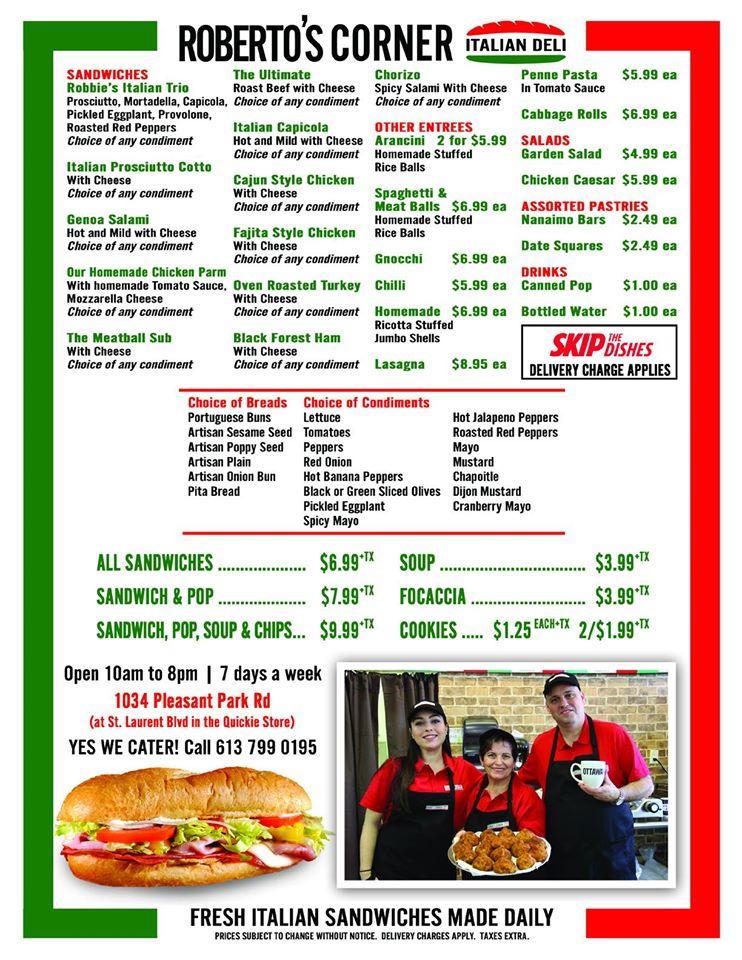 Menu at Roberto’s Corner restaurant, Ottawa