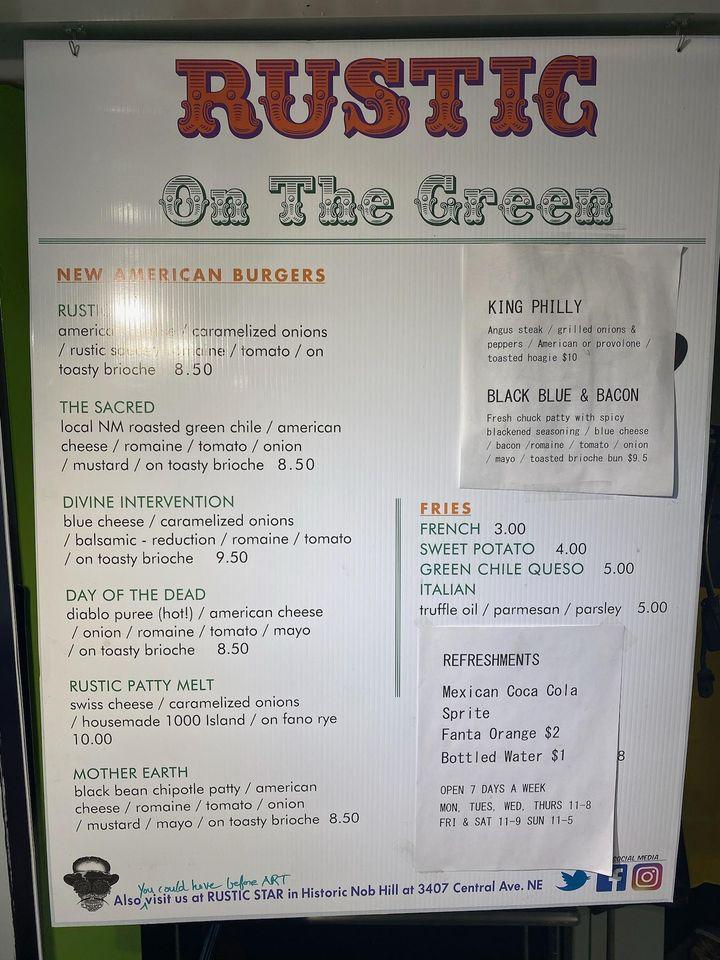 Menu at Rustic on the Green restaurant, Albuquerque