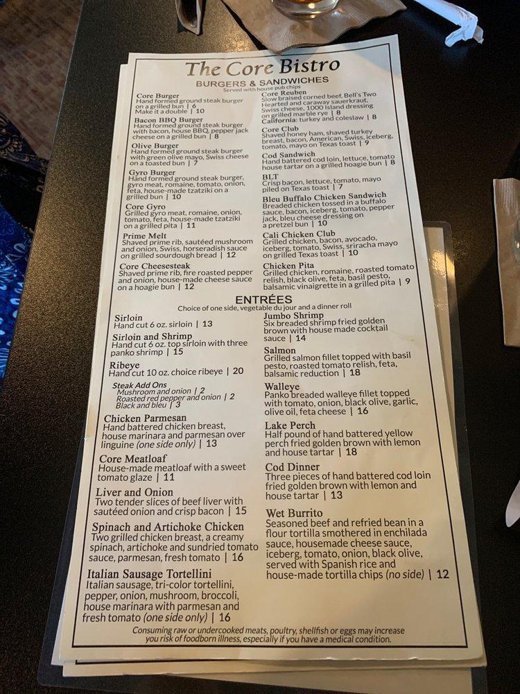 Menu at The Core' Bistro cafe, Battle Creek, Michigan Ave W