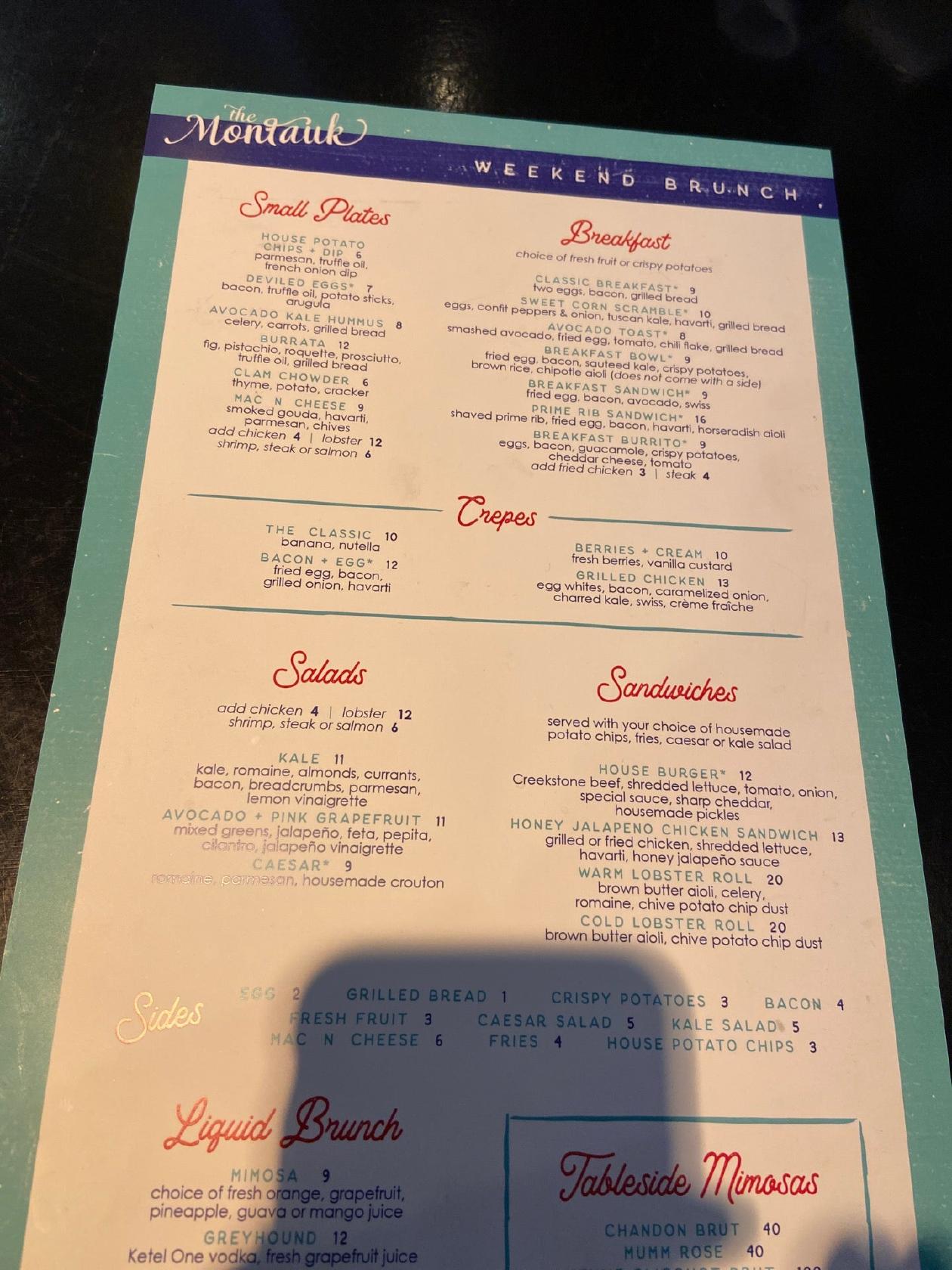 Menu at The Montauk restaurant, Scottsdale