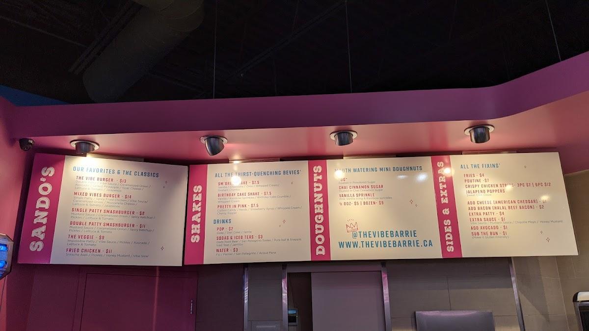 Menu at The Vibe Burgers, Shakes & Donuts restaurant, Barrie, 421 Bryne ...