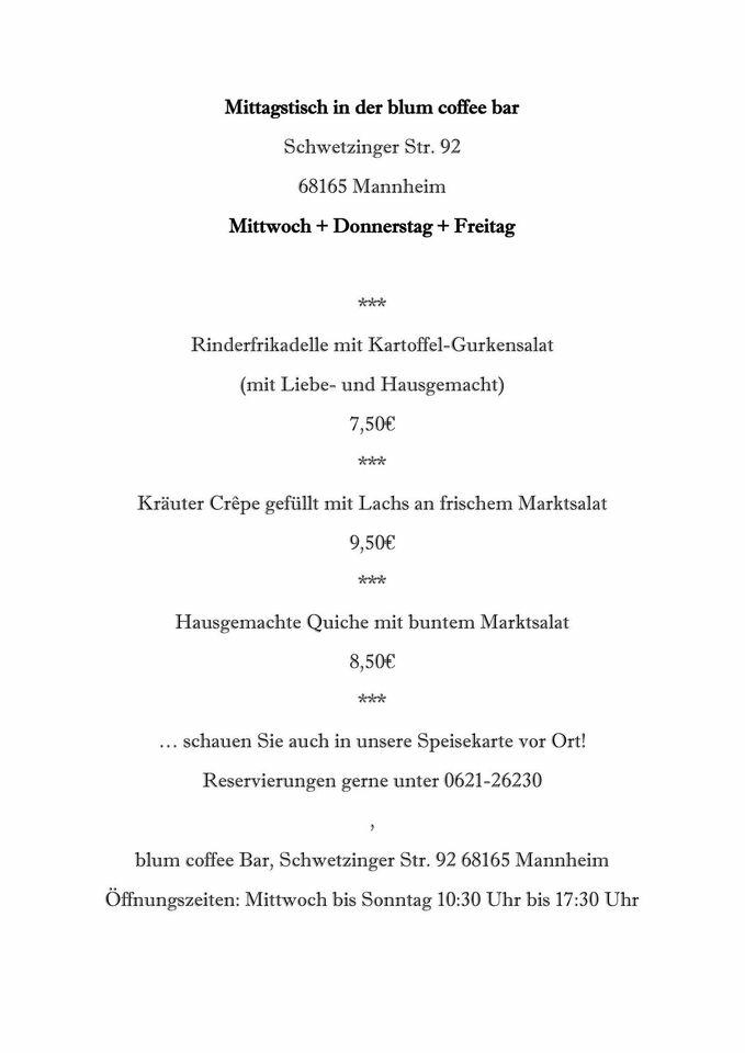 Menu at Blum GmbH cafe, Mannheim