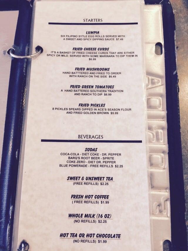 Menu at Ace's Restaurant, Milton