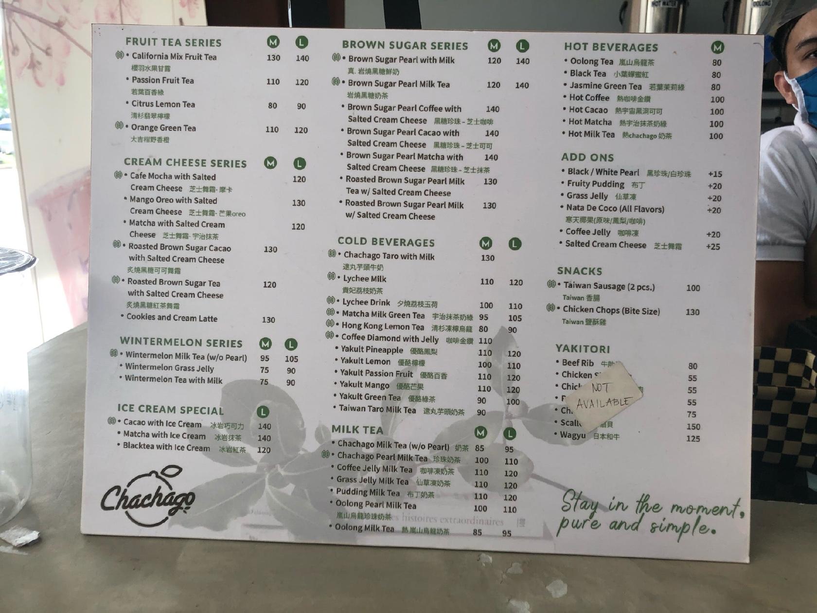 Menu at chachago cafe, Cebu City, 880 A. S. Fortuna St