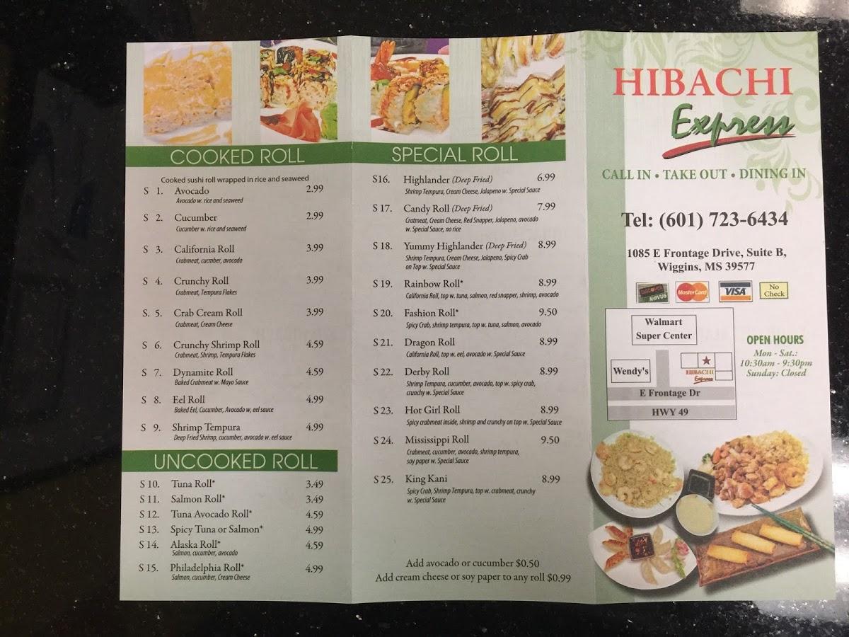 Menu at Hibachi Express restaurant, Wiggins, E Frontage Dr