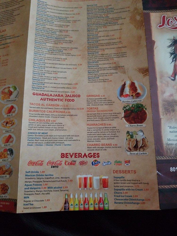 Menu at Los Charros restaurant, Rock Spring