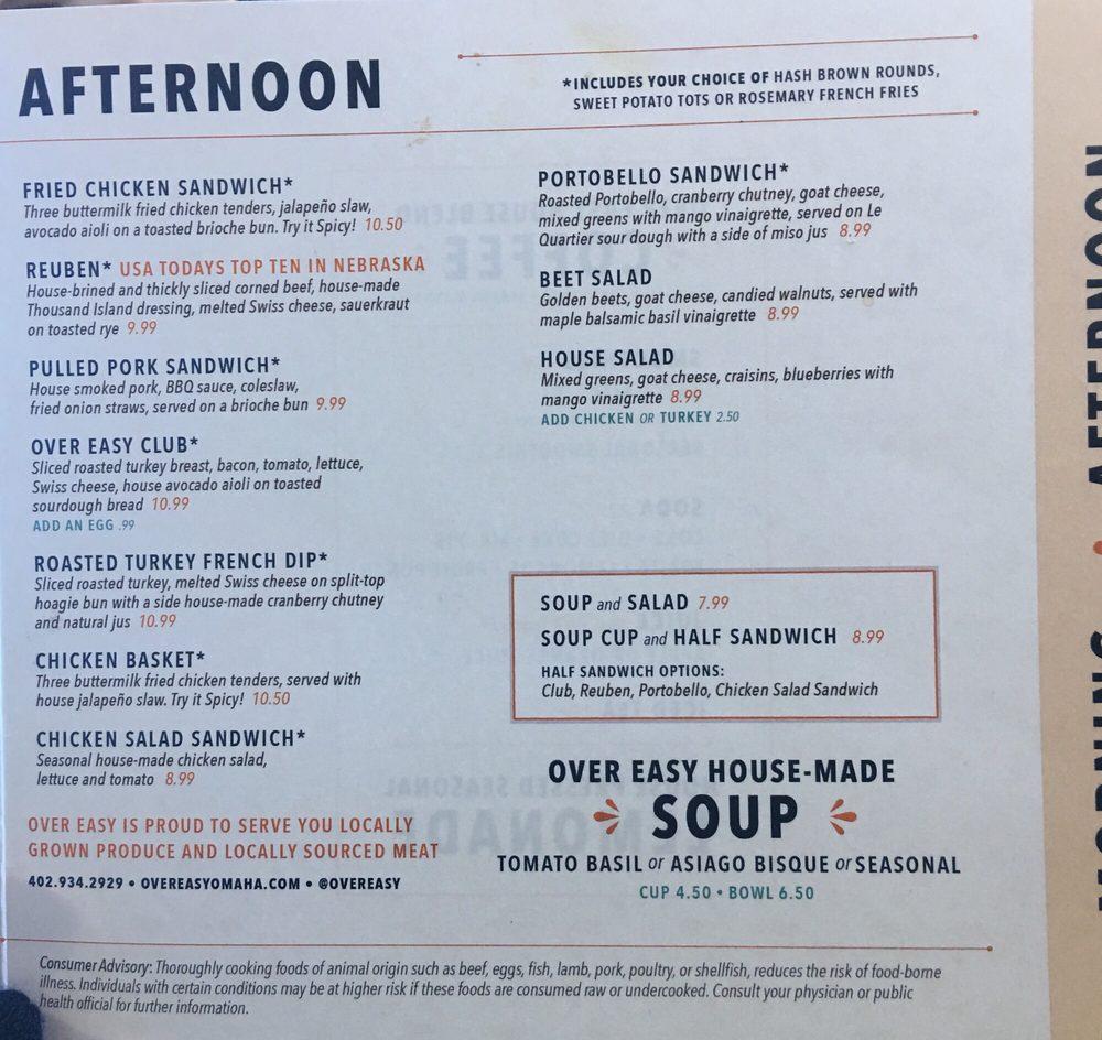 Menu at Over Easy restaurant, Omaha