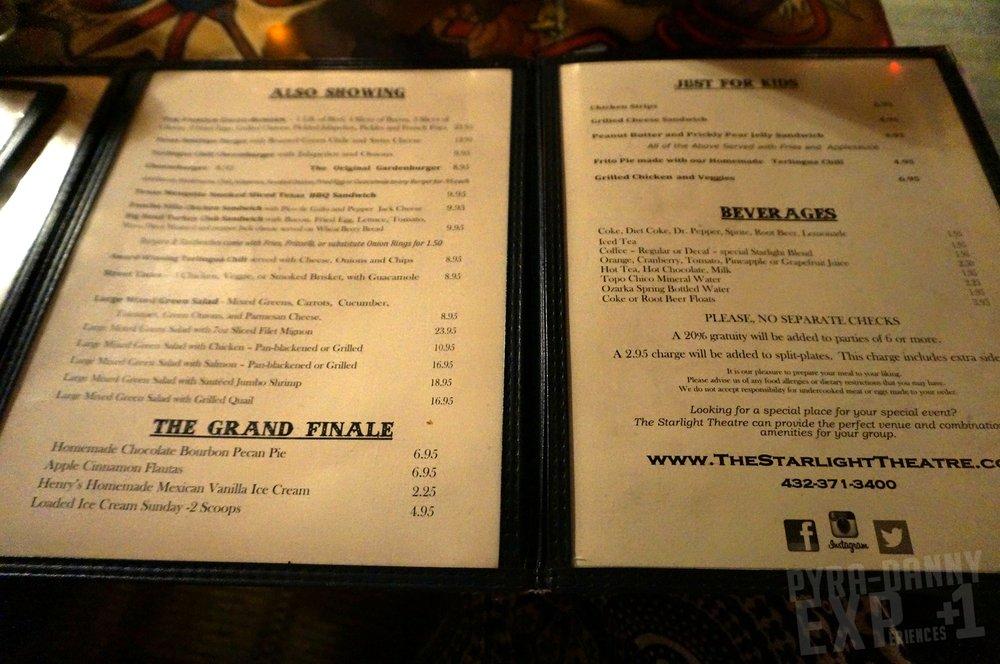 Menu at Starlight Theatre Restaurant, Study Butte-Terlingua