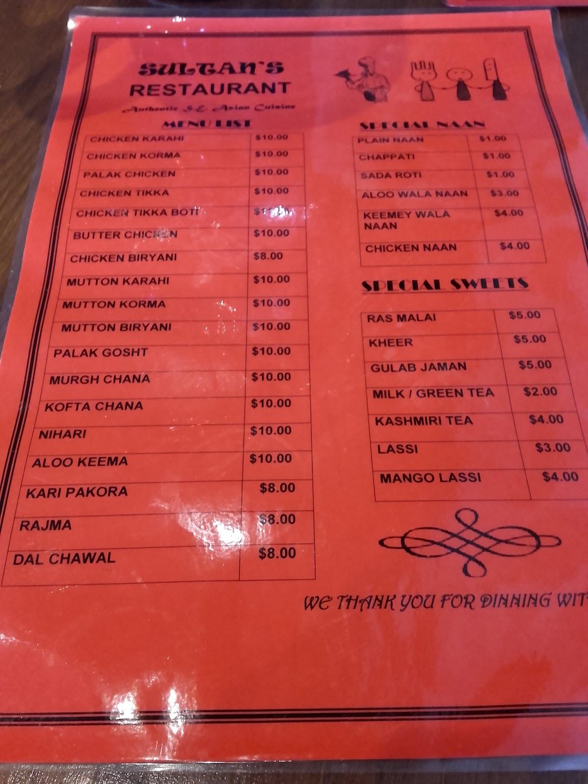 Menu at Sultan's Restaurant, Fawkner