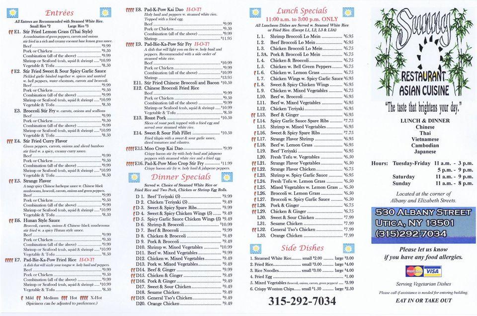 Menu at Sunny restaurant, Utica