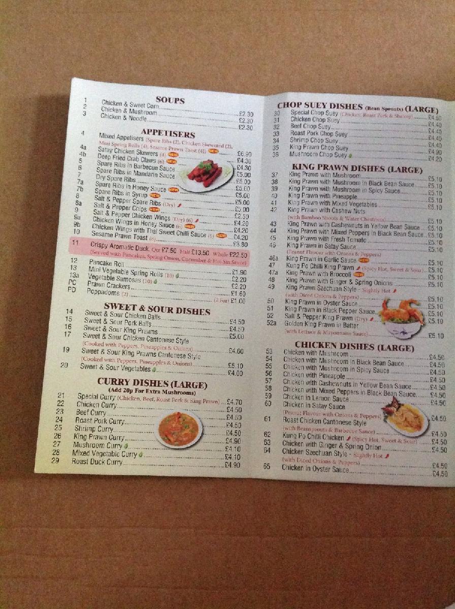 Menu at Treasure House, Pontypool