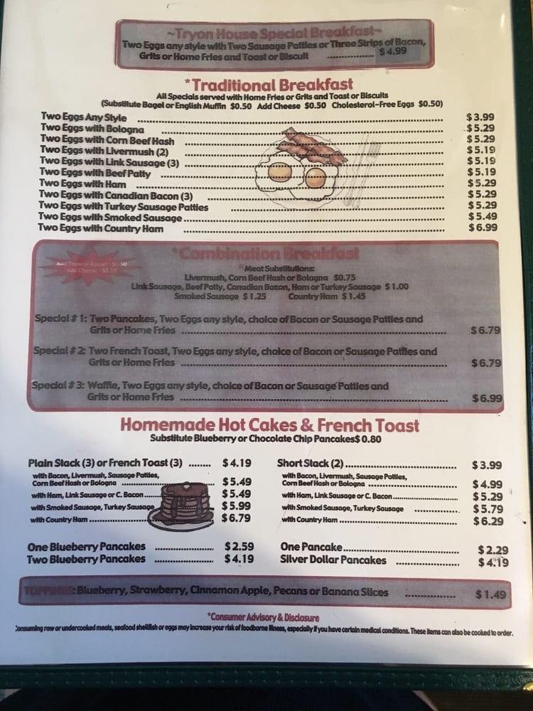 Menu at Tryon House Restaurant, Charlotte, 130 Eastway Dr
