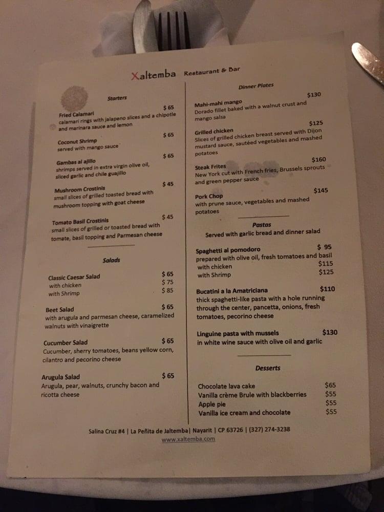 Menu at Xaltemba Restaurant, La Peñita de Jaltemba