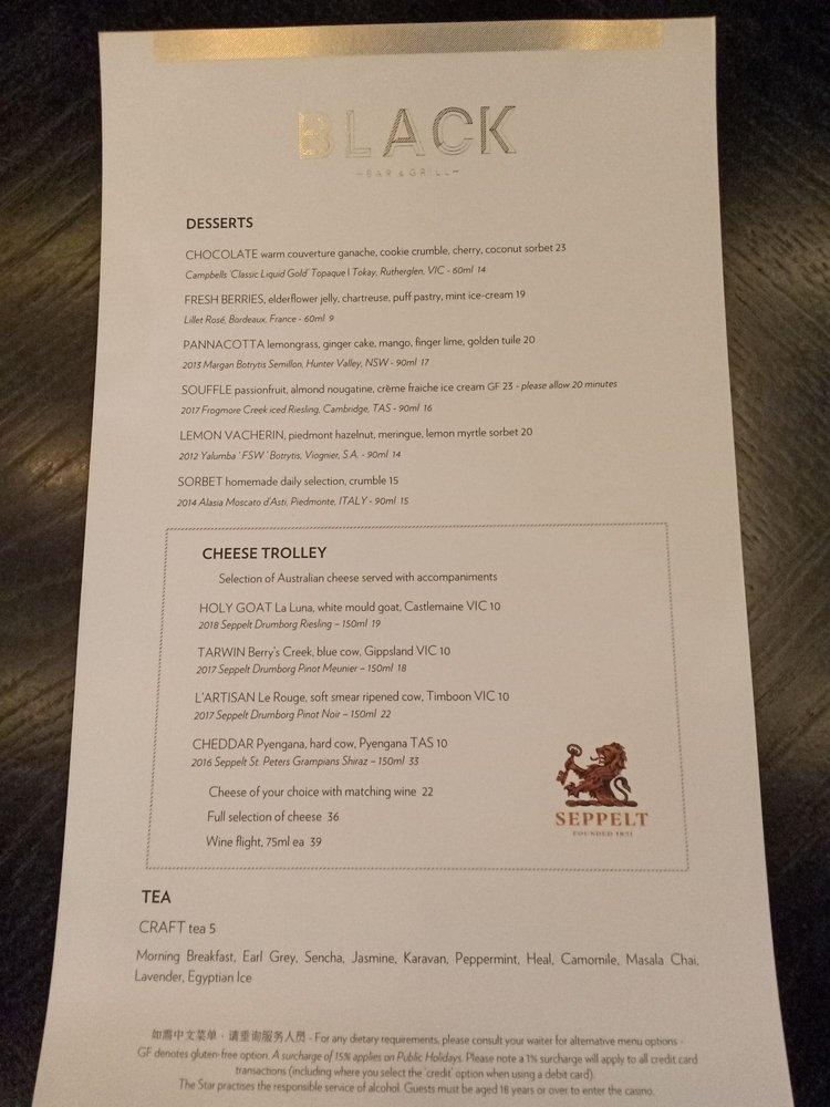 Menu at BLACK Bar & Grill, Pyrmont, Harbourside
