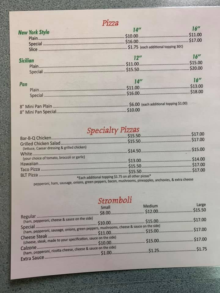 Menu at Chris's Original Pizza pizzeria, Liverpool, Susquehanna Trail