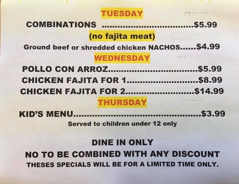 Menu at El Rios Mexican Cafe, Dawsonville