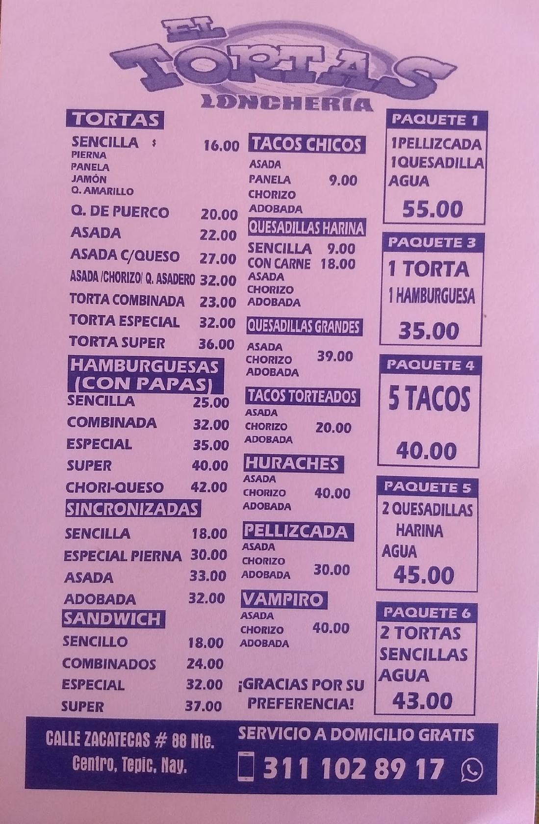 Menu at EL TORTAS LONCHERIA restaurant, Tepic