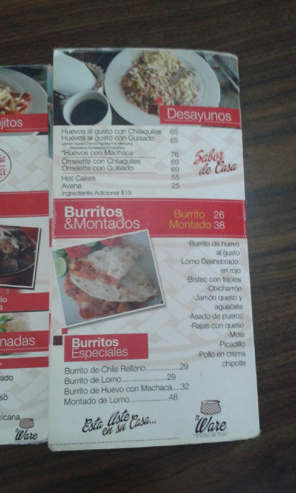 Carta del restaurante El Ware, Chihuahua