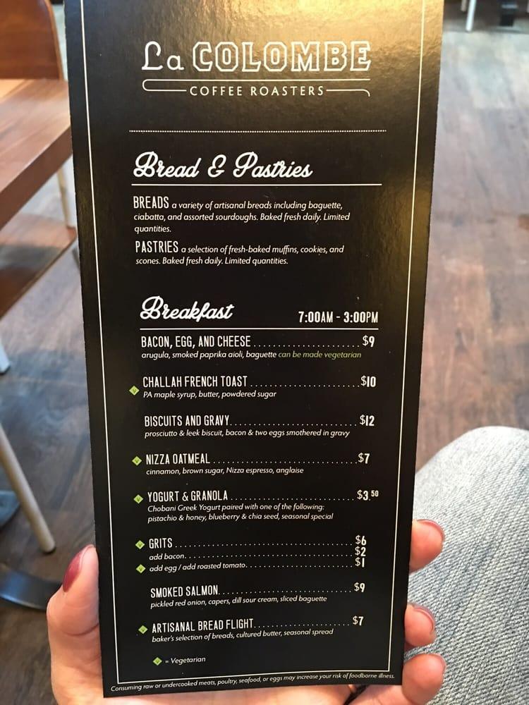 Menu at La Colombe Coffee Roasters cafe, Philadelphia, Frankford Ave