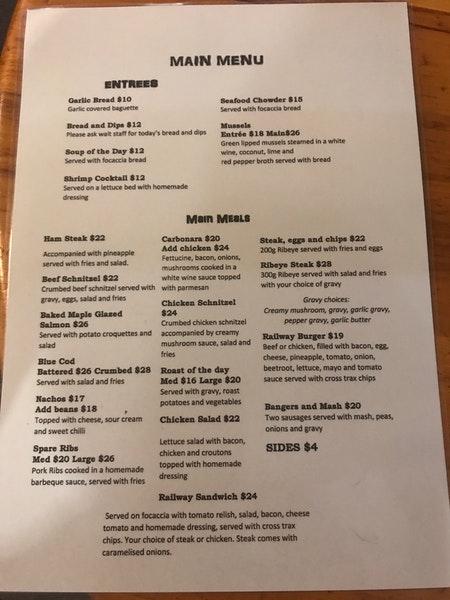 Menu at Railway Tavern Bar, Amberley