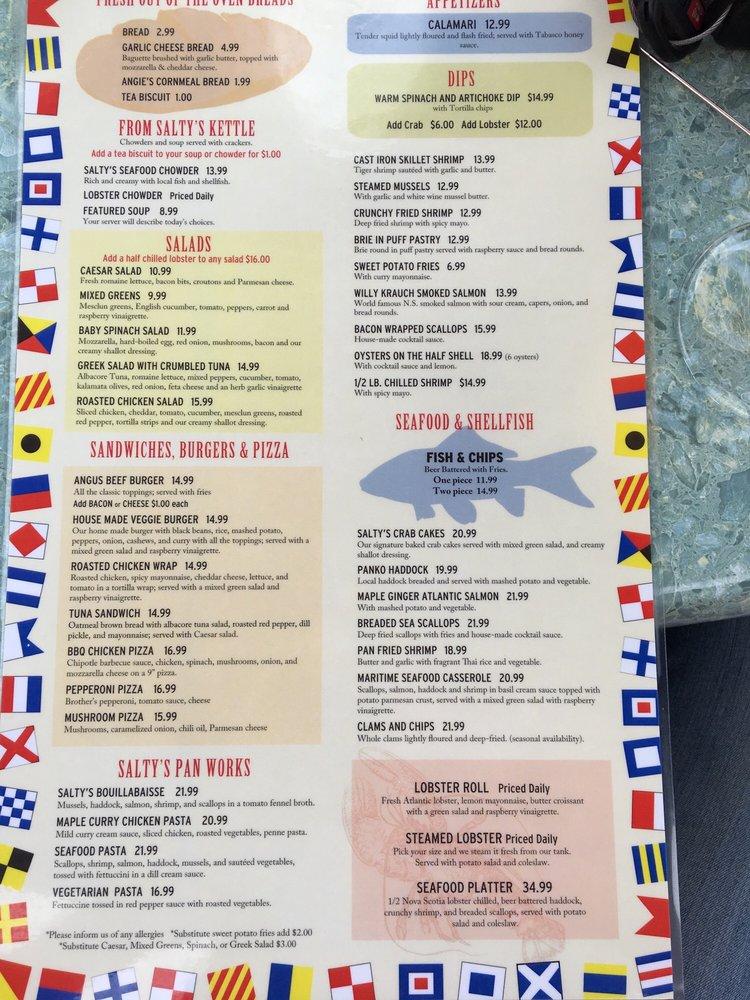 Menu at Salty's restaurant, Halifax